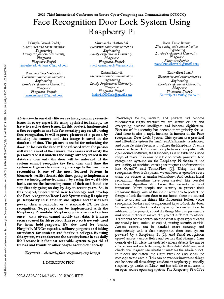Face Recognition Door Lock System Using Raspberry Pi | PDF | Internet Of Things | Computing