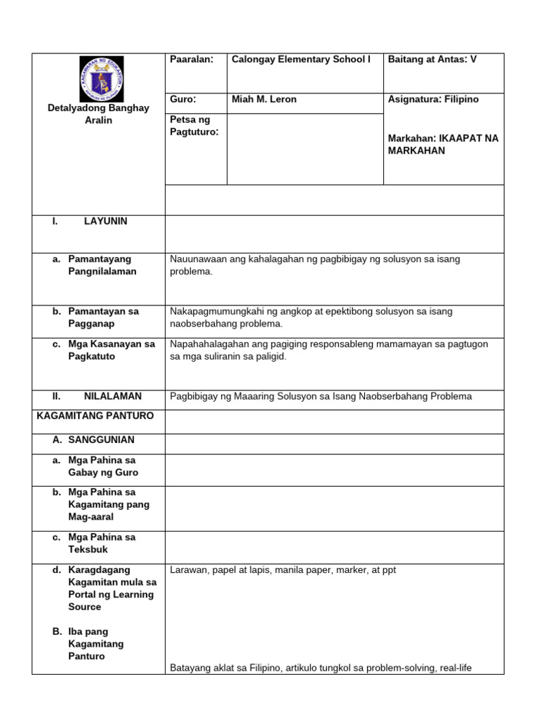 Banghay Aralin Sa Filipino 5 | PDF