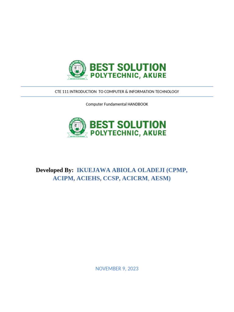 Cte 111 Introduction To Computers And Information Technology Pdf Operating System Hard