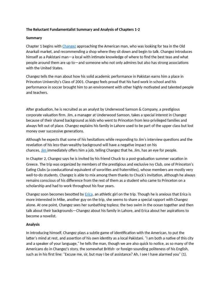 Summary of The Reluctant Fundamentalist: Chapters 1-2 | PDF