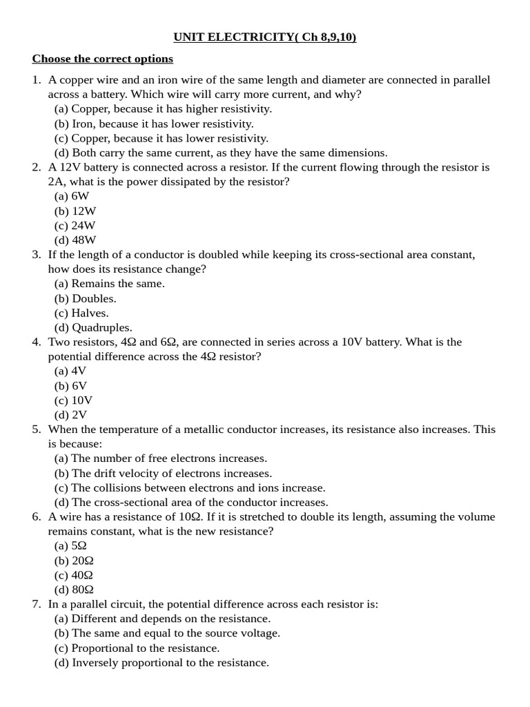 Ch 8-10 ELECTRICITY MCQ | PDF | Inductor | Voltage