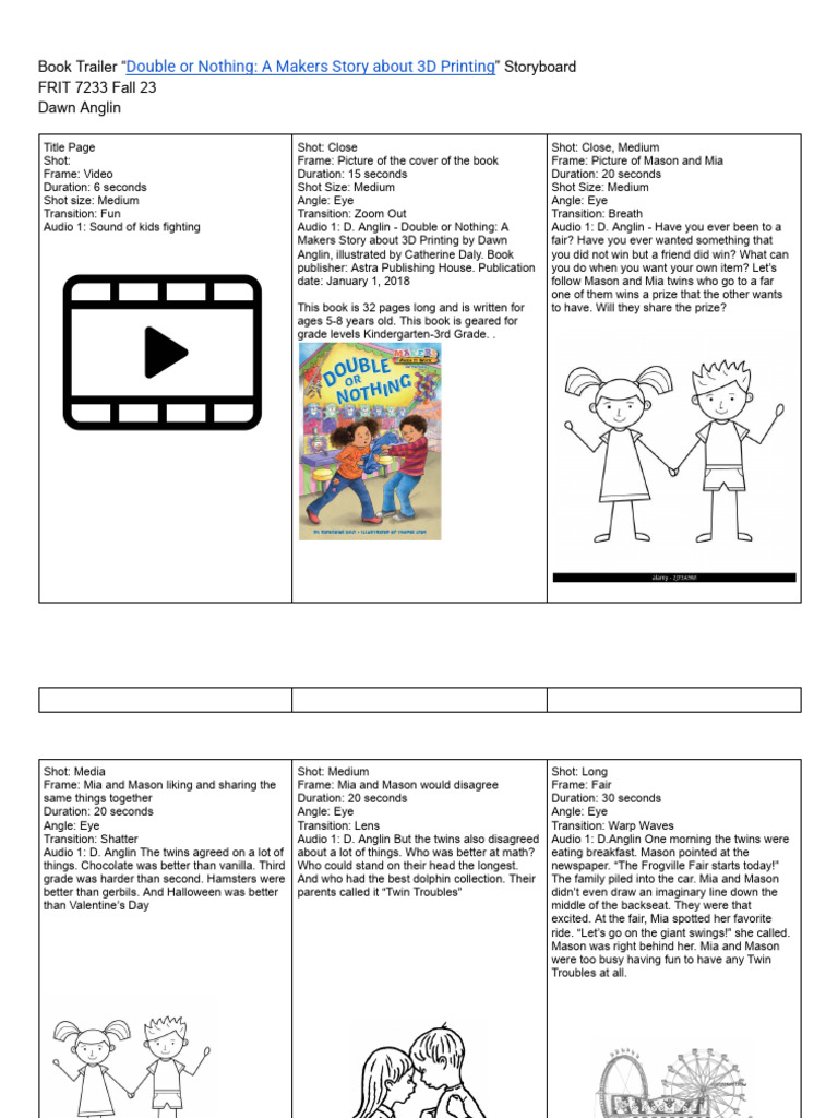 Book Trailer Storyboard Anglin | PDF | 3 D Printing