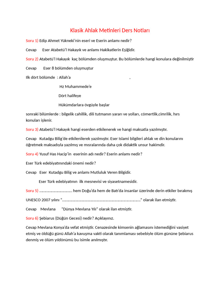 Klasik Ahlak Metinleri Ders Notları | PDF