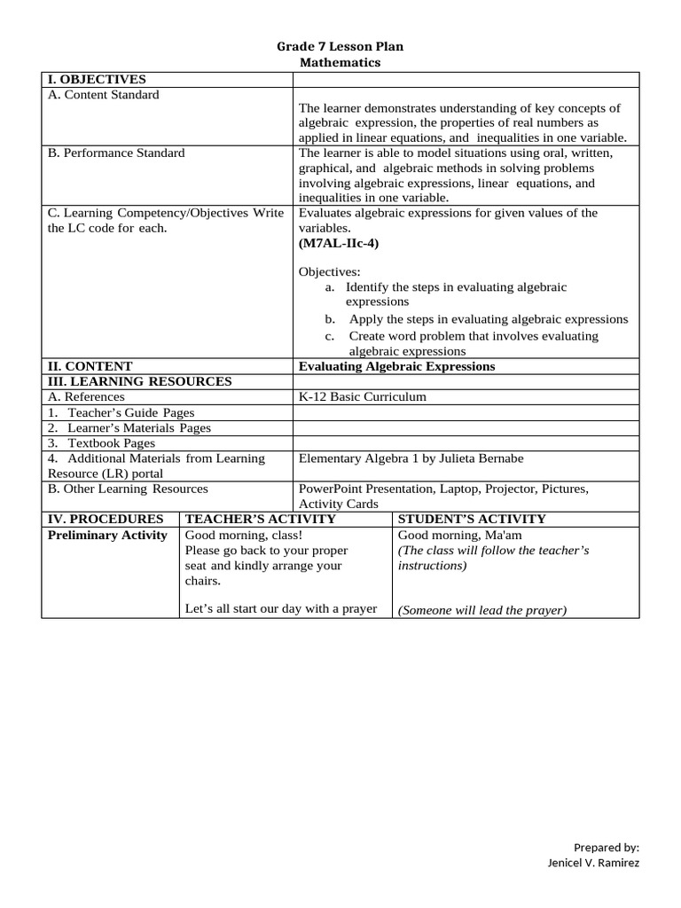 Grade 7 Lesson Plan For CO | PDF | Algebra | Equations