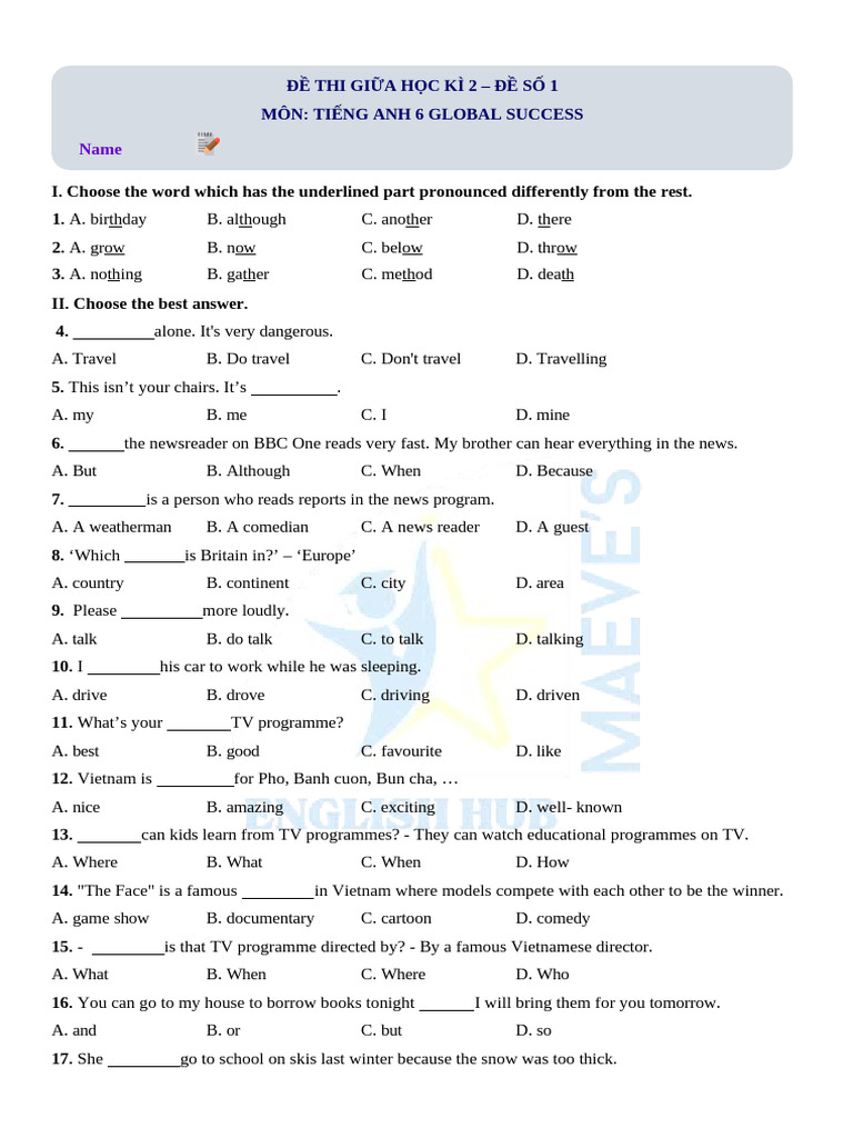 2 Đề Giữa Kì k6 | PDF