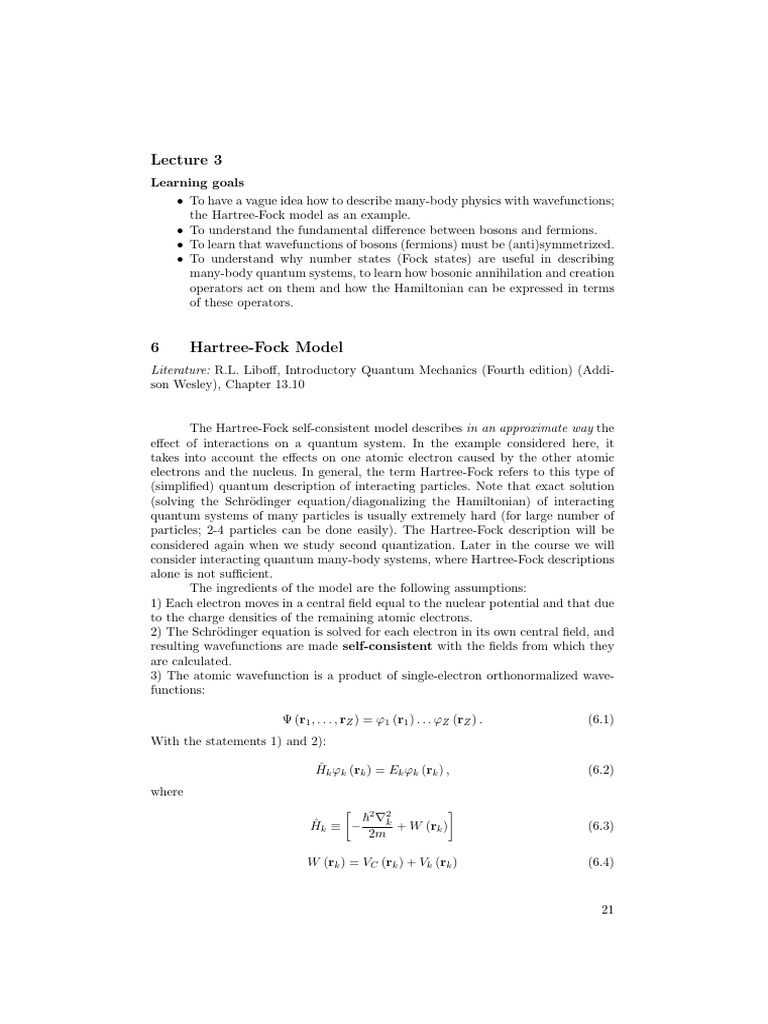 Quantum Many-Body Physics Lecture3 | PDF | Hartree–Fock Method | Wave Function