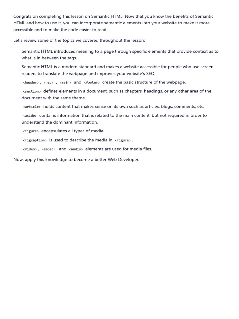 Review - Semantic HTML - Codecademy | PDF