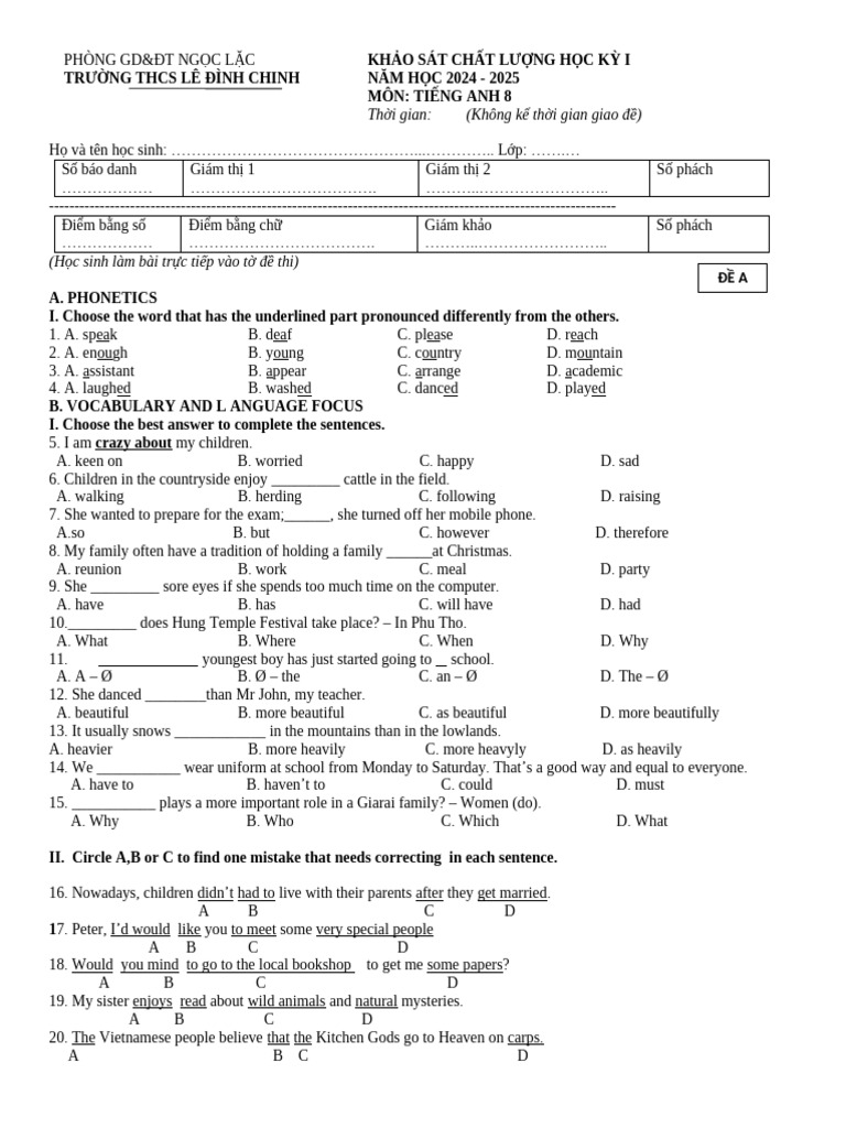 DE THI HKI - ANH 8 - ĐỀ A | PDF | Vietnam