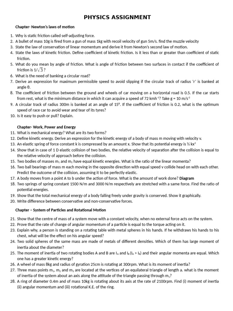 Physics Assignment Class 11 (All Chapters) | PDF | Force | Angular Momentum
