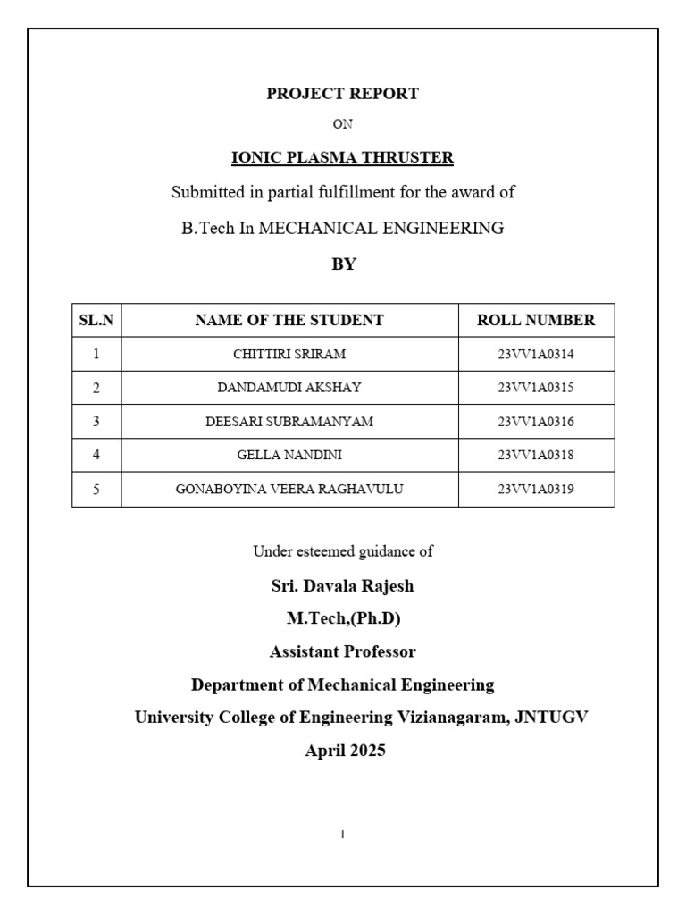 Project Report on Ionic Plasma Thruster | PDF | Spacecraft Propulsion | Interplanetary Spaceflight