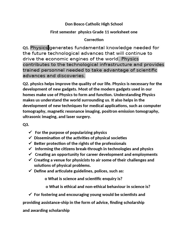 Phy Correction Grade 11 WRST One | PDF | Physics | Knowledge