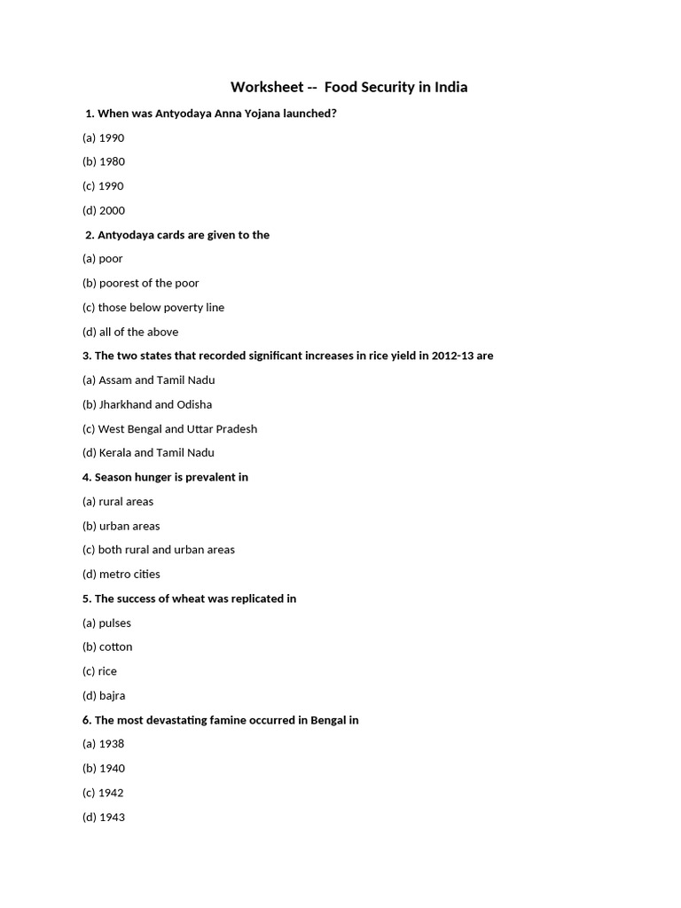 Food Security in India Worksheet | PDF