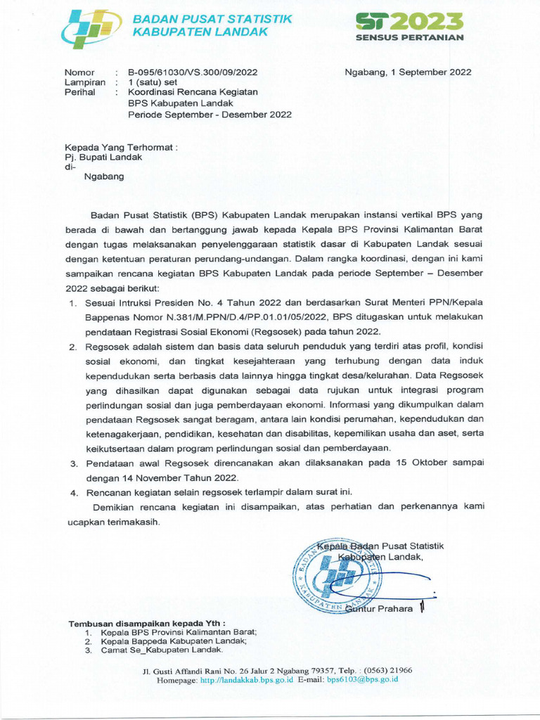 Surat Kegiatan BPS Bulan Sep SD Des 2022 | PDF