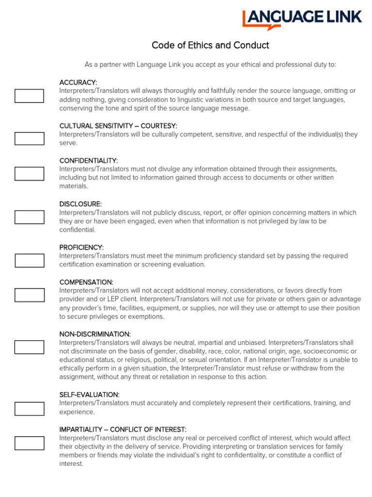 Language Link Code of Ethics | PDF | Language Interpretation | Translations