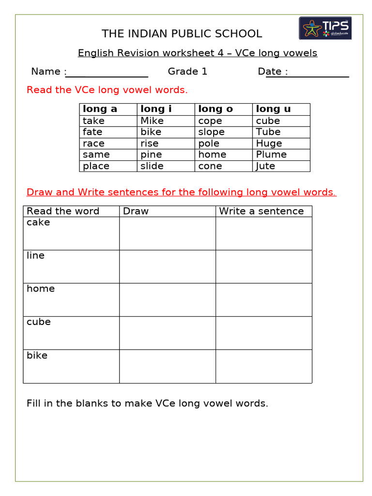 Grade 1 VCe Long Vowel Worksheet | PDF