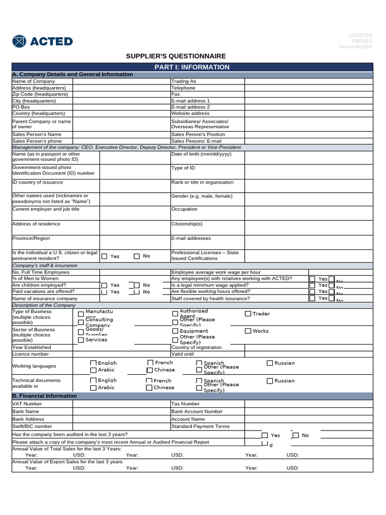 67ee88004ec0f Pro 03.2 Supplier Questionnaire v2.0 Final | PDF | Employment | Identity Document