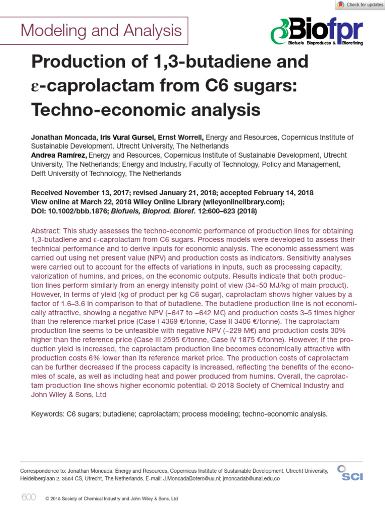 Biofuels Bioprod Bioref - 2018 - Moncada - Production of 1 3 Butadiene and Caprolactam From C6 ...