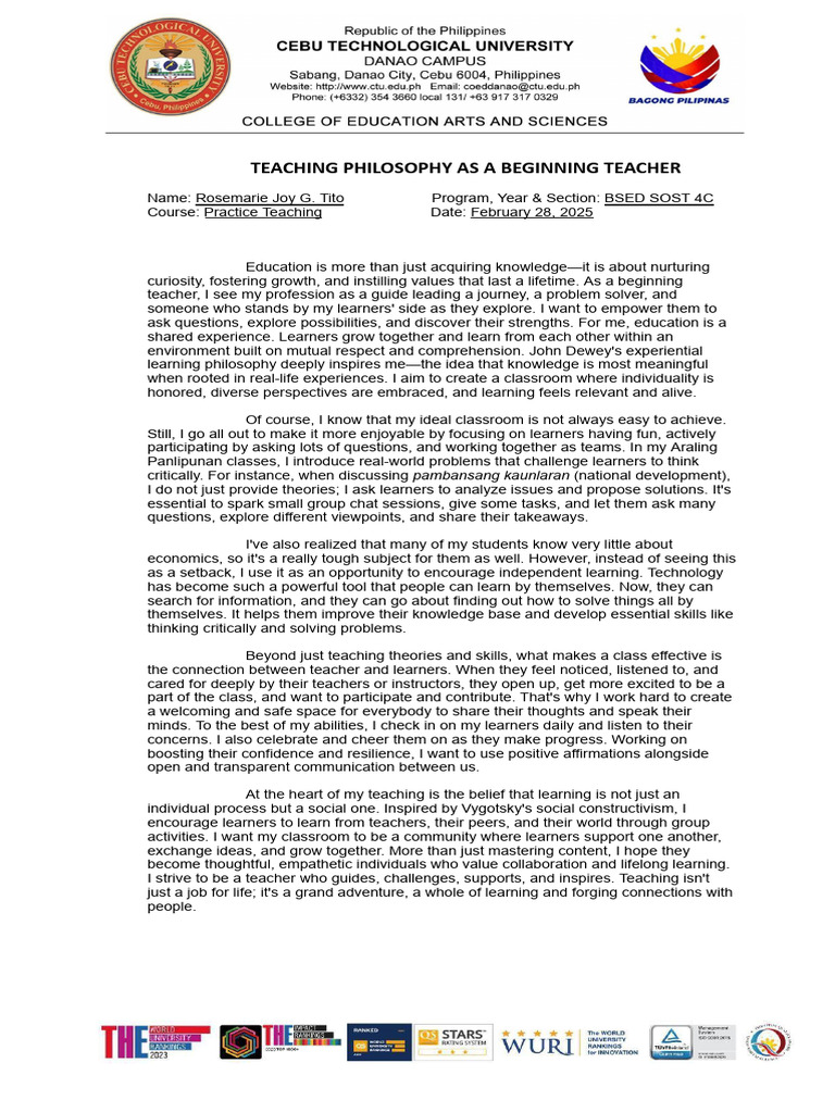 Beginning Teacher's Teaching Philosophy | PDF | Learning | Behavior ...