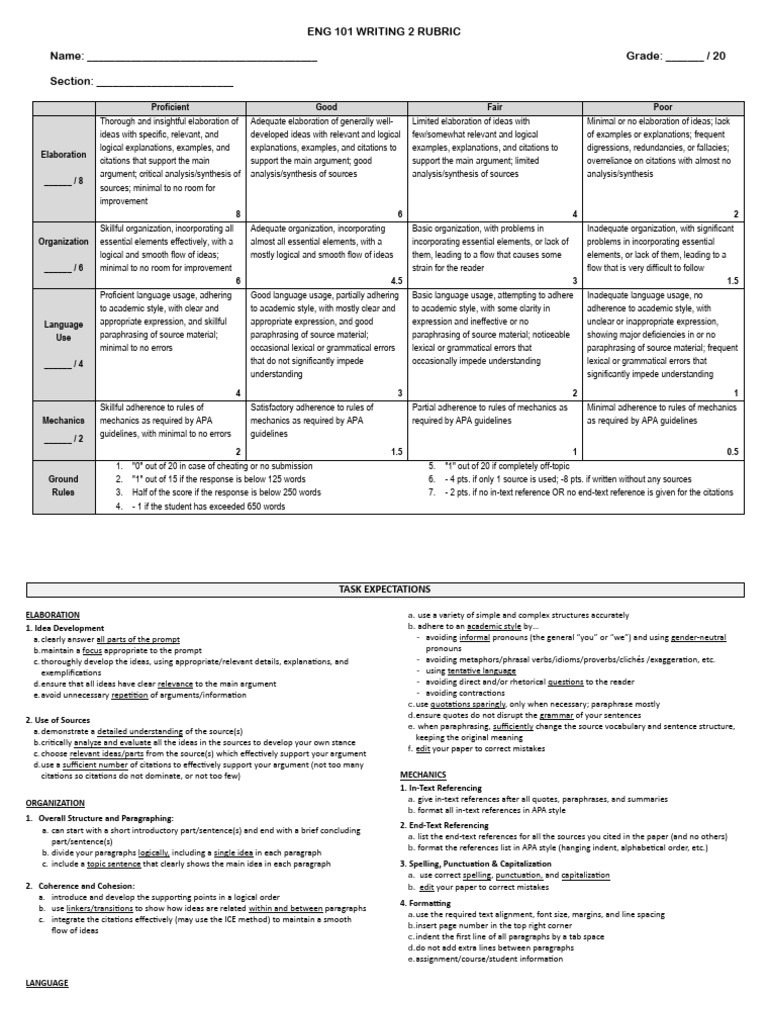 101 Writing 2 Rubric (20 Uupts.) | PDF | Paragraph | Apa Style