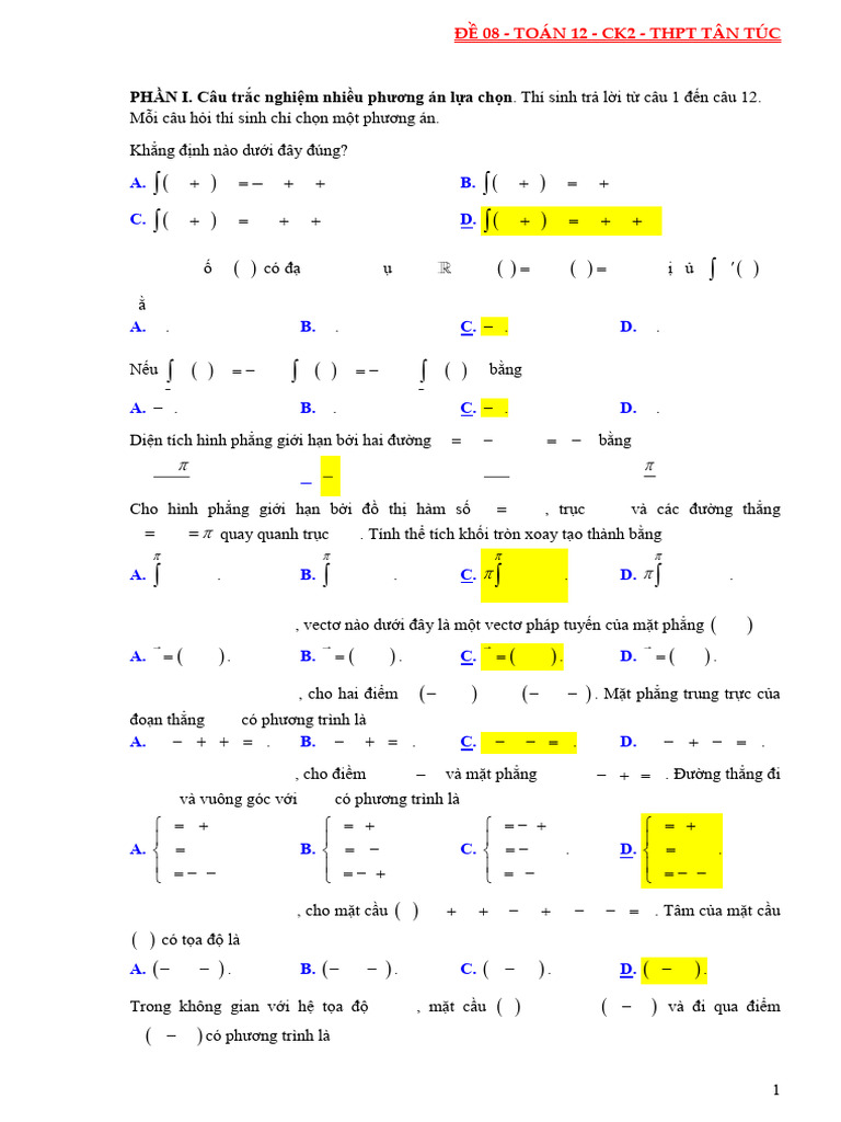 Đề 08 - Toán 12 - Ck2 - Thpt Tân Túc | PDF
