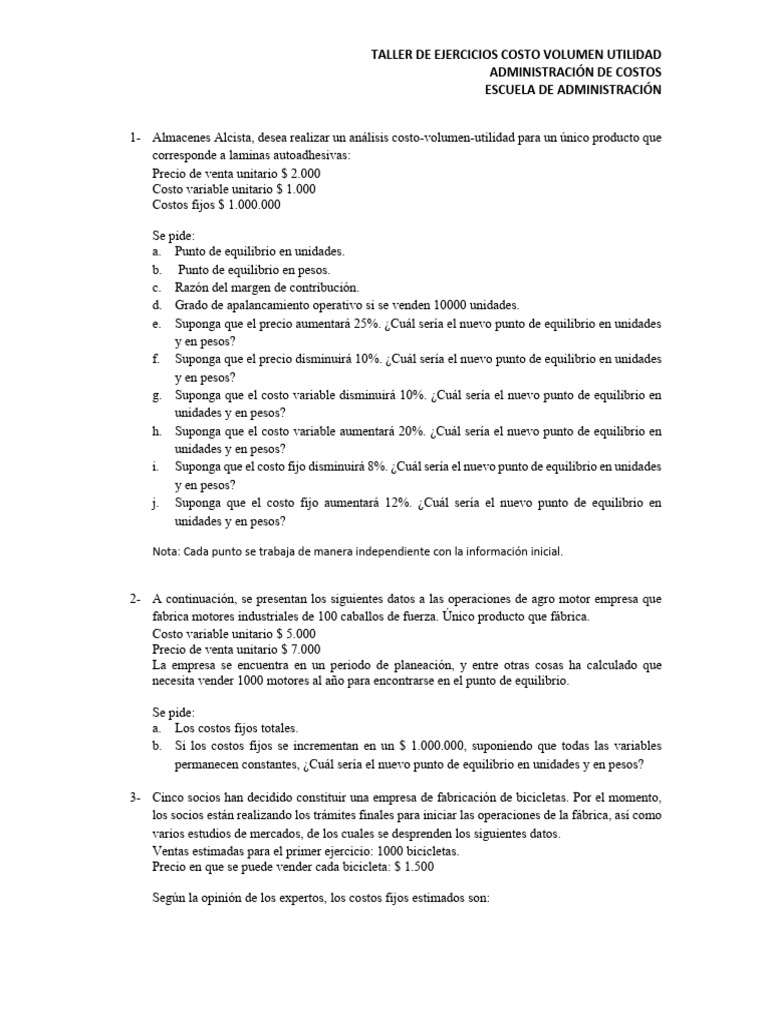 Taller Costo Volumen Utilidad | PDF | Apalancamiento (Finanzas)