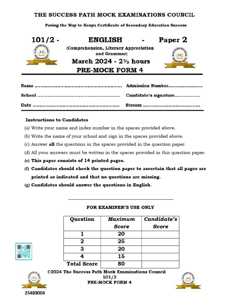 English Pp2 Qs Pre-Mock 2024 Revised Edition. | PDF