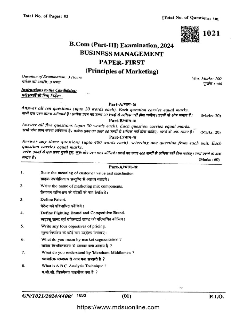 Bcom Part 3 Business Management p1 Principles of Marketing 1021 2024 | PDF