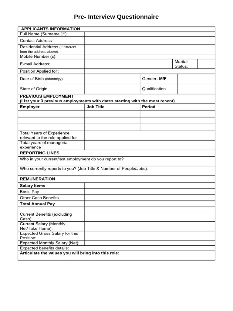 Pre Interview Questionnaire RIL | PDF