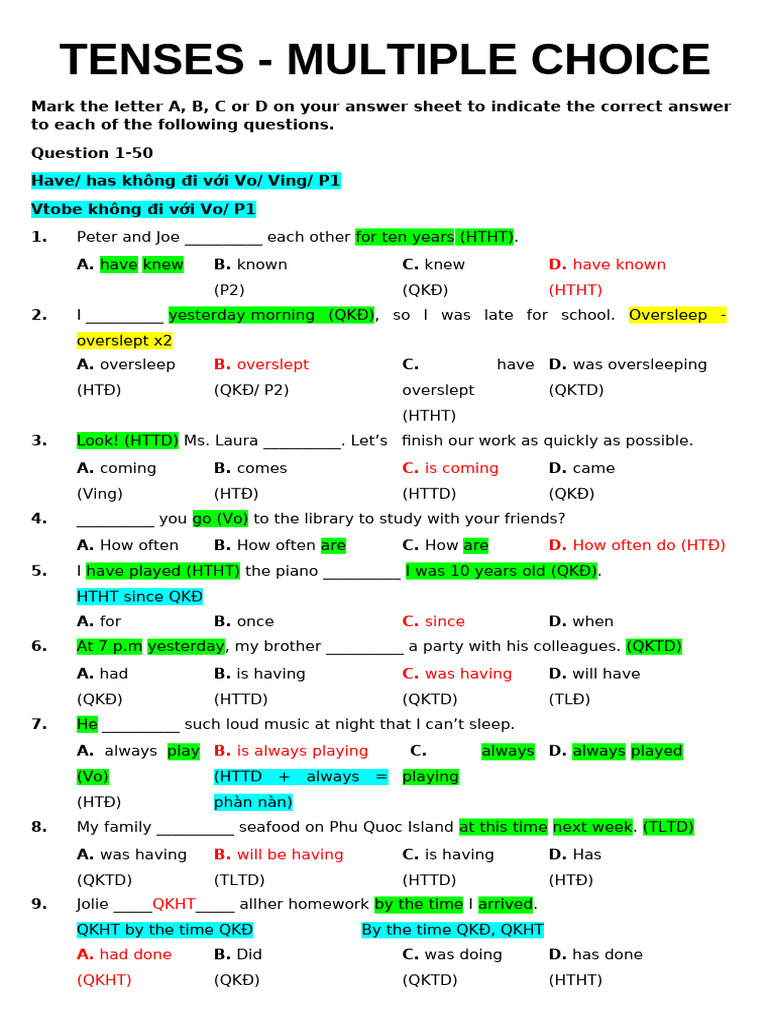 Tenses - Multiple Choice (E9) | PDF