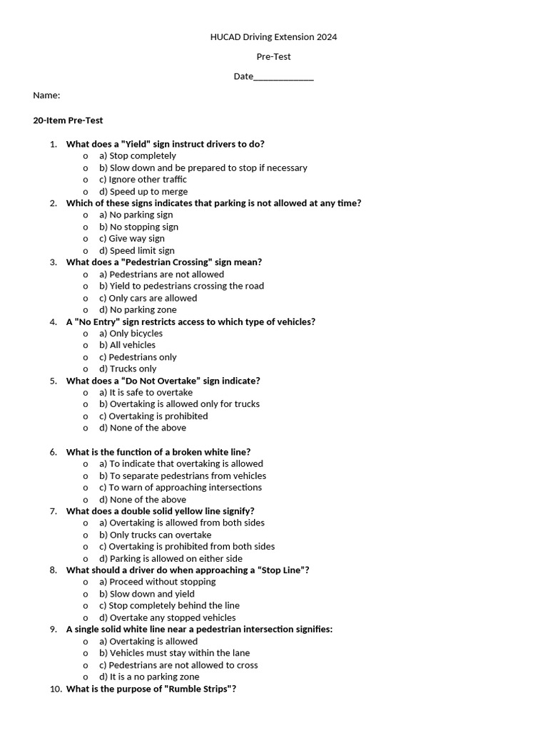 Pretest and Post Test Driving | PDF | Traffic | Pedestrian Crossing