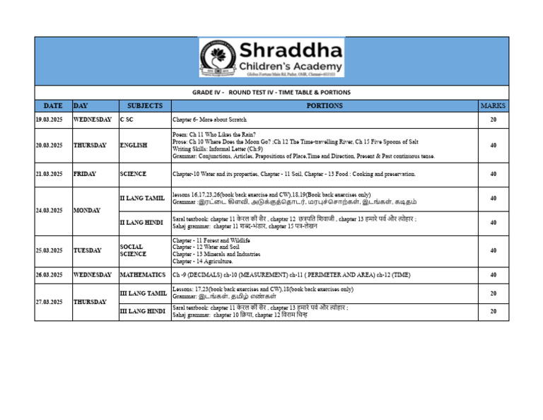 Grade 4 - Round Test 4 - Time Table and Portions | PDF | Languages ...
