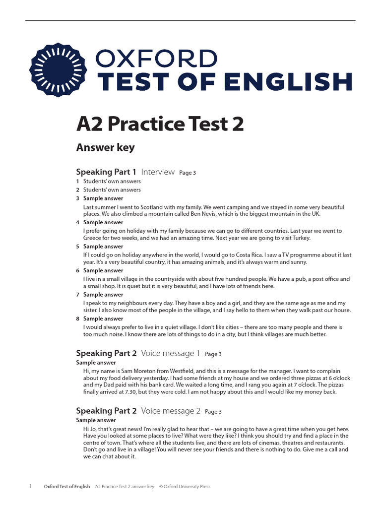 Ote A2 Practice Test2 Answer Key | PDF