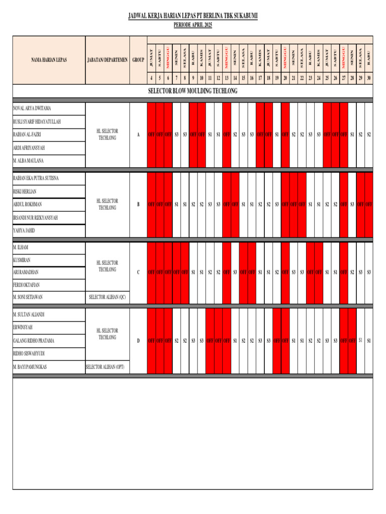 Jadwal Kerja HL April 2025 - Roster Group | PDF