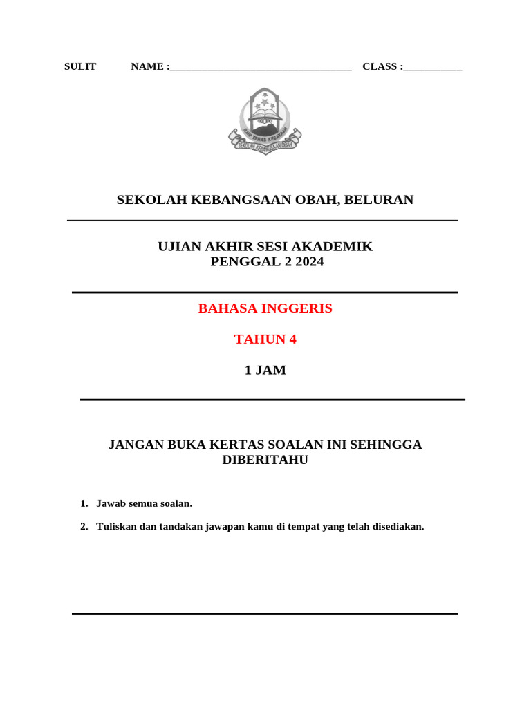 FRONT COVER EXAM PAPER SK OBAH 2024 | PDF