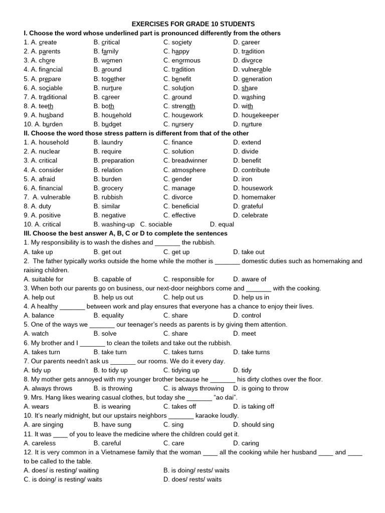 EXERCISES FOR GRADE 10 STUDENTS 1 - UNIT 1 | PDF