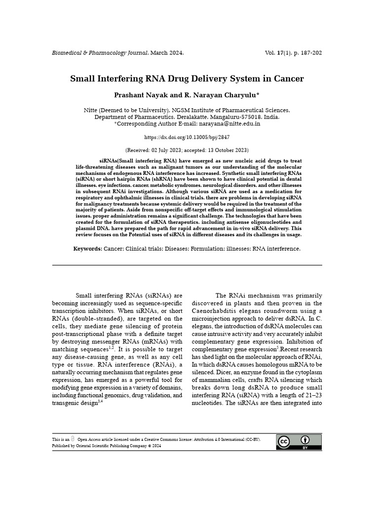 Small Interfering RNA Drug Delivery System in Canc | PDF | Small ...