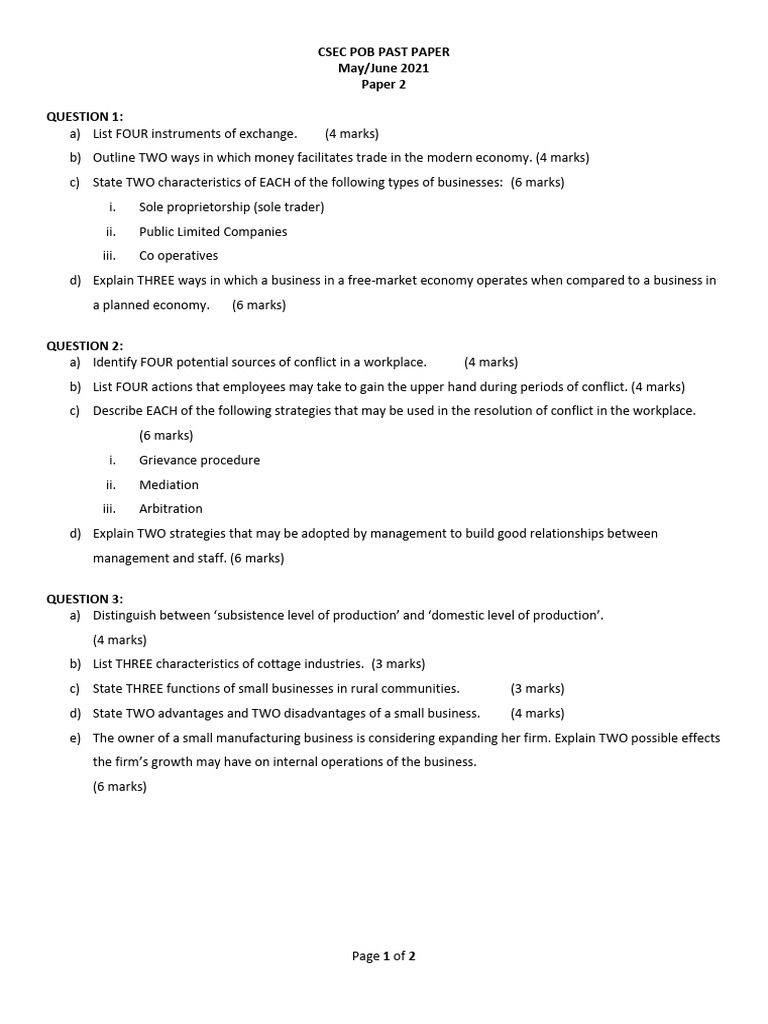 POB CSEC - MayJune 2021 (PP2) | PDF | Economies | Business