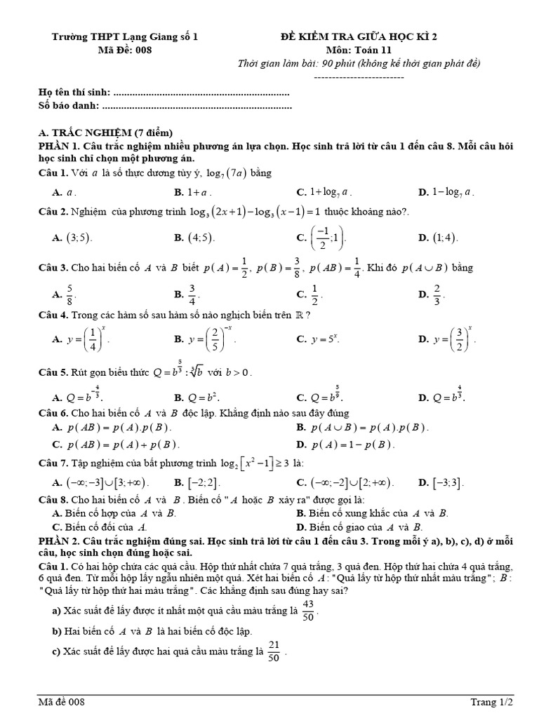 De Giua Ki 2 Toan 11 Nam 2024 2025 Truong THPT Lang Giang 1 Bac Giang | PDF