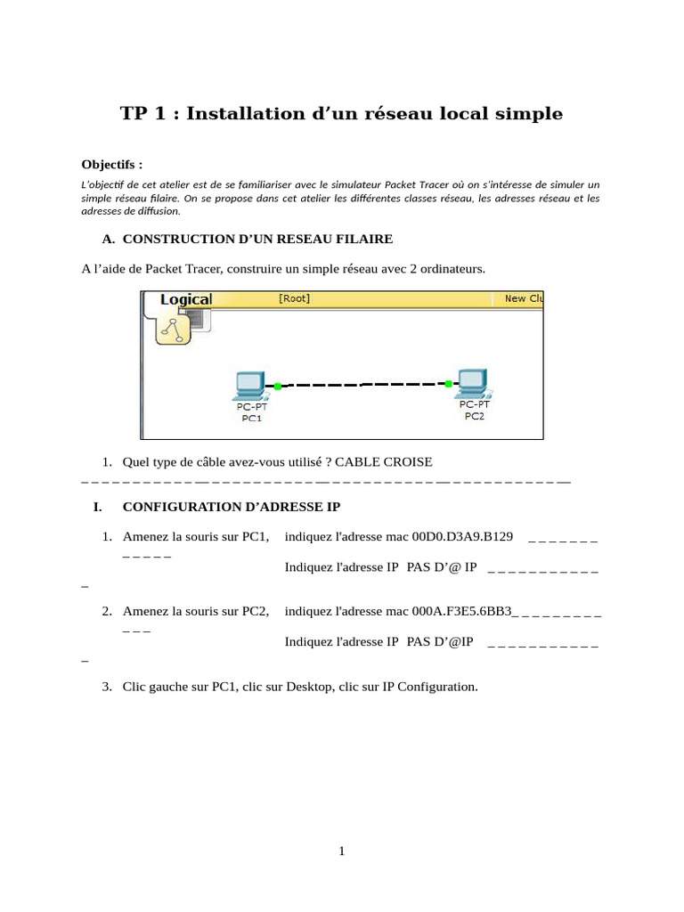 Installation d'un réseau local simple | PDF | Ingénierie informatique ...