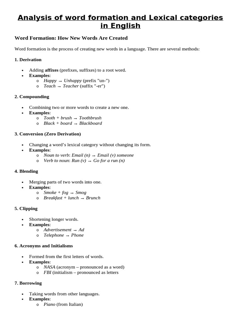 Analysis of Word Formation and Lexical Categories in English SUMMARY ...