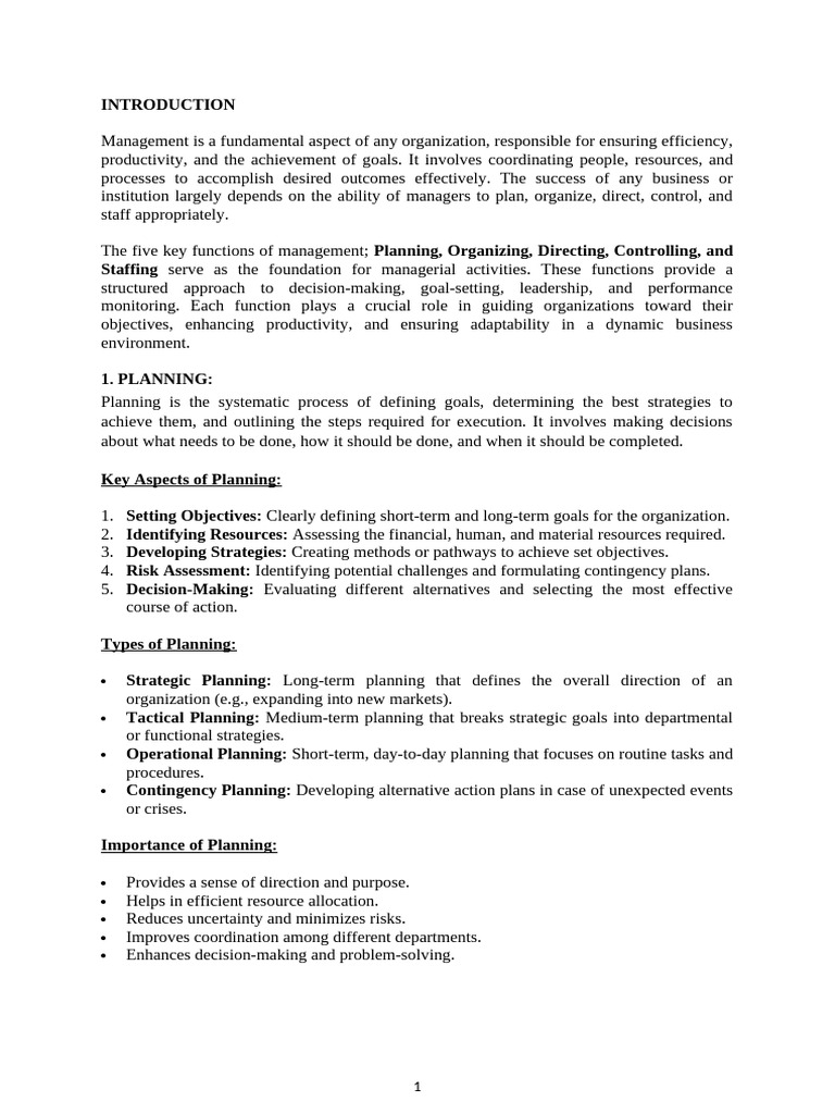 Planning, Organizing, Directing, Controlling, and Staffing | PDF ...