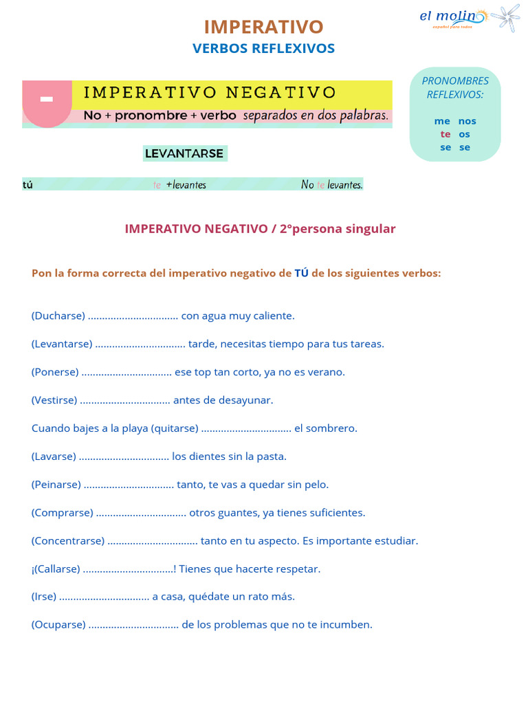 IMPERATIVO NEGATIVO - TU USTED Reflexivos | PDF