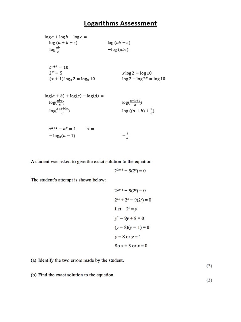 Logarithms Assessment | PDF