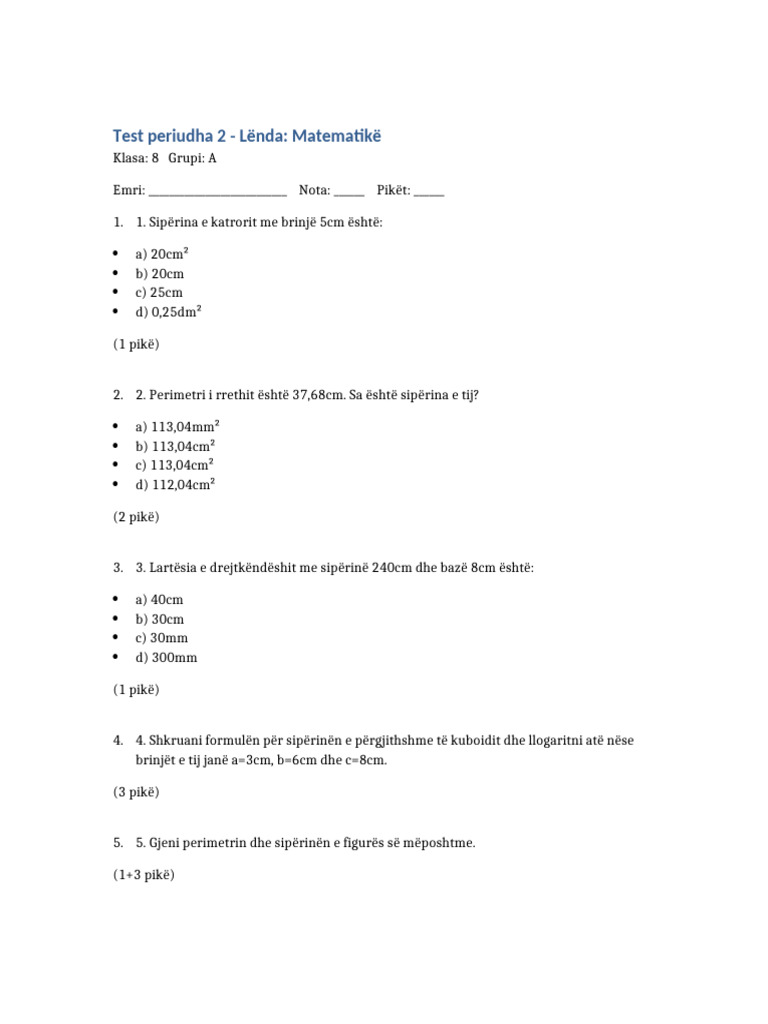 Matematike Test Klasa 8 | PDF