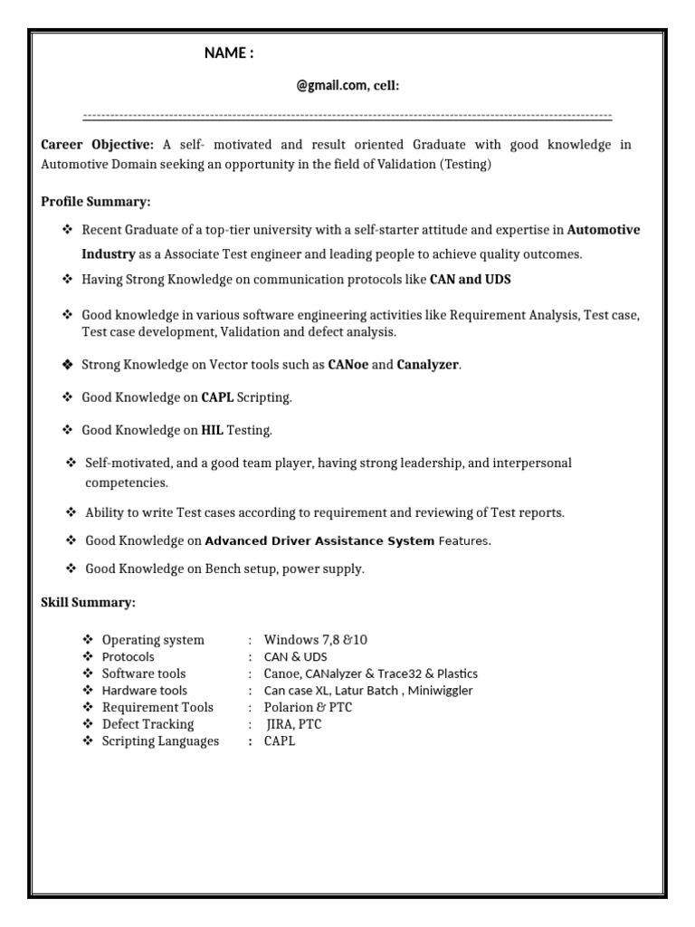 Automotive Validation Engineer Resume | PDF | Cognition