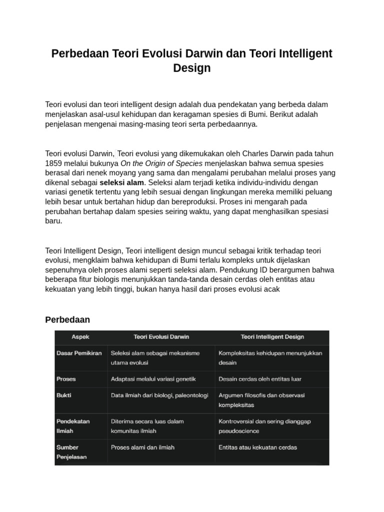 Perbedaan Teori Evolusi Darwin Dan Teori Intelligent Design | PDF