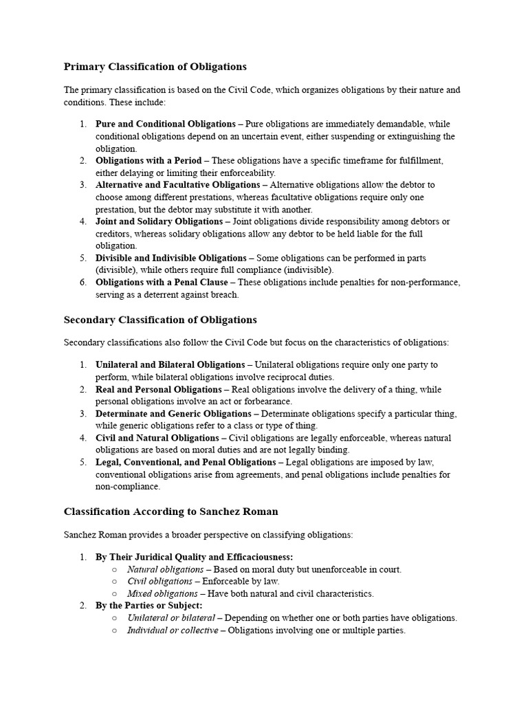 Summary of 3 Classifications of Obligations | PDF | Business Law ...