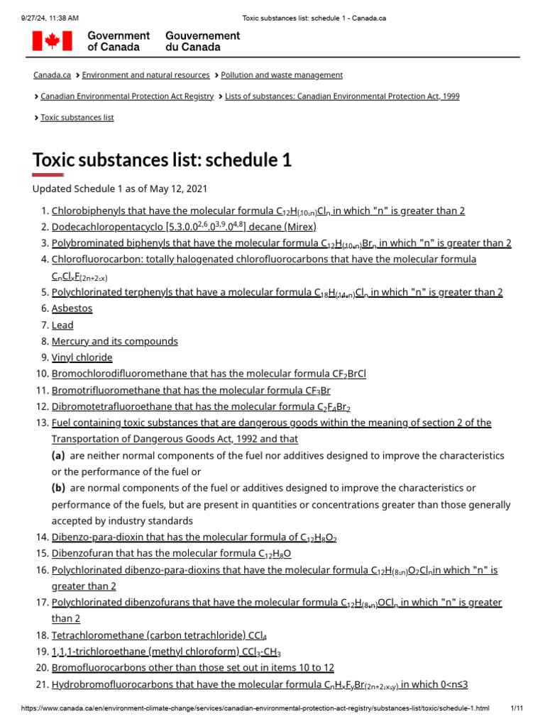 Toxic Substances List - Schedule 1 | PDF | Chemical Substances ...