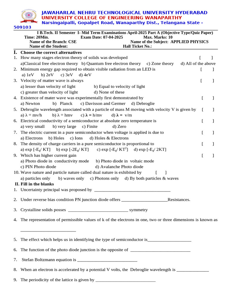 CSE Applied Physics Midterm Exam 2025 | PDF | Electron | Diode