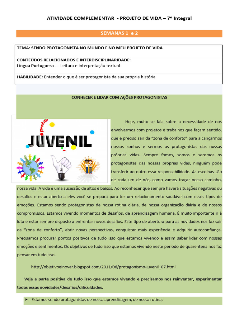 ATIVIDADE_COMPLEMENTAR_PROJETO_DE_VIDA_7º_INTEGRAL_3º_BIMESTRE (1) | PDF | Sonho | Vida
